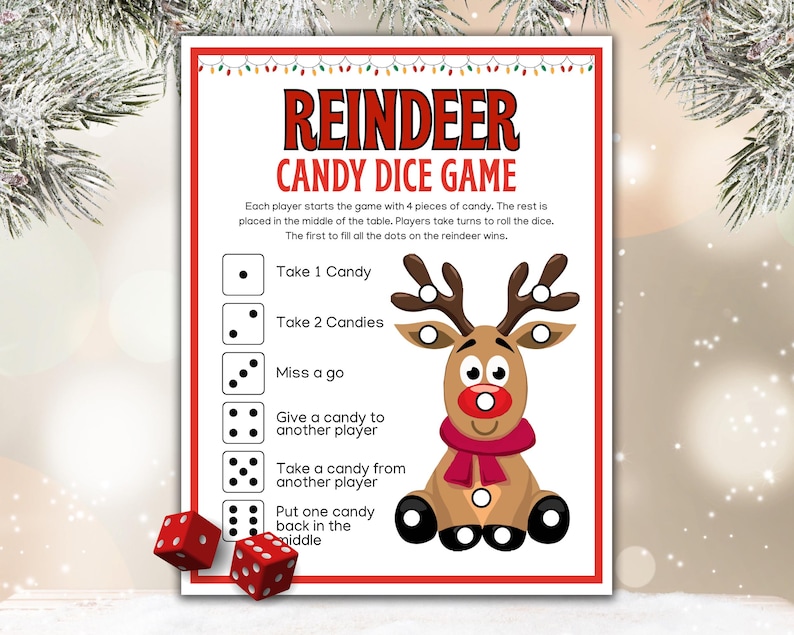 Reindeer Candy Dice Game for Kids Printable, Christmas Candy Dice Game ...