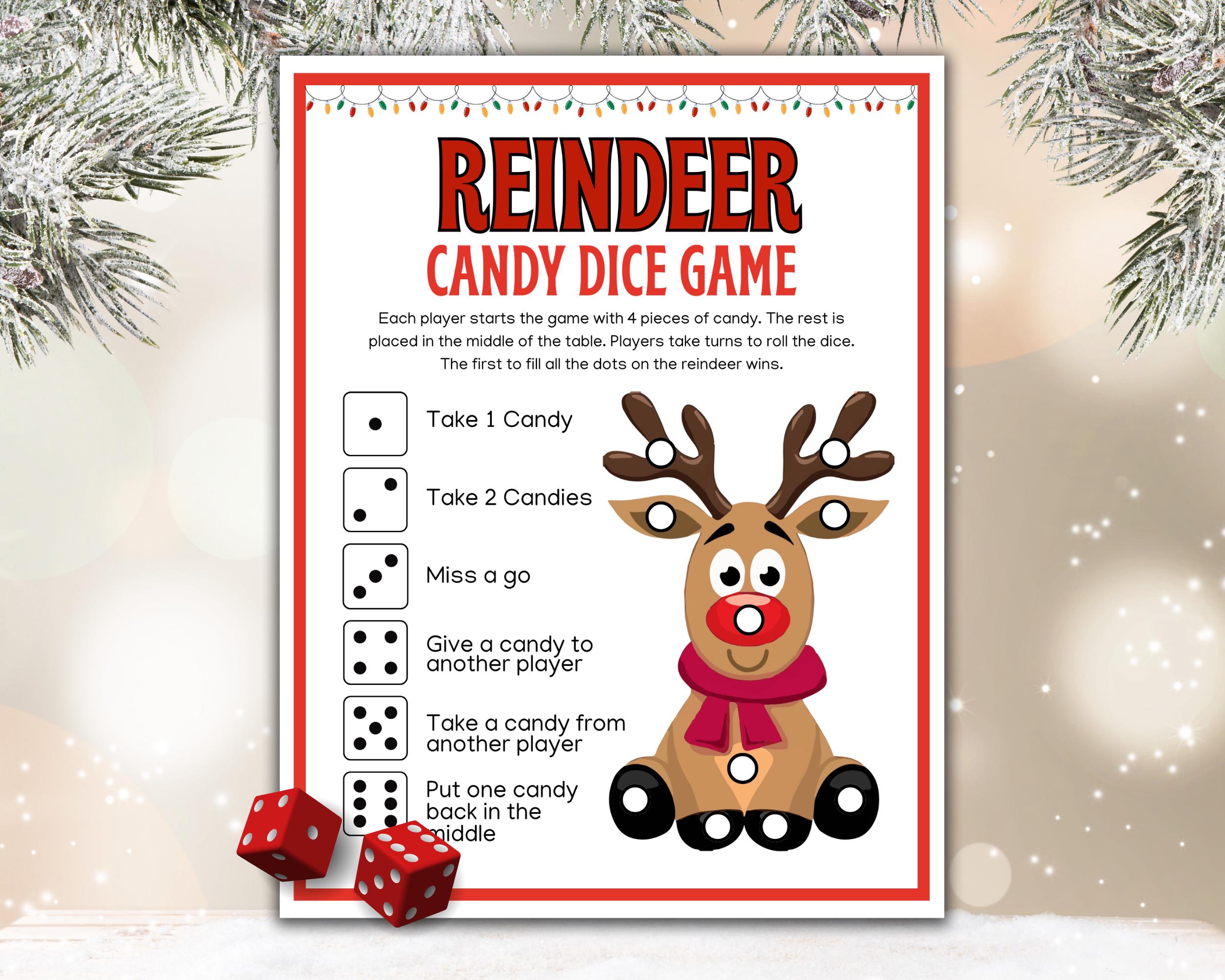 Reindeer Candy Dice Game for Kids Printable, Christmas Candy Dice Game ...