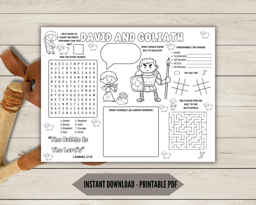 Fun David and Goliath Coloring Activity Sheet for Kids, Printable Bible ...