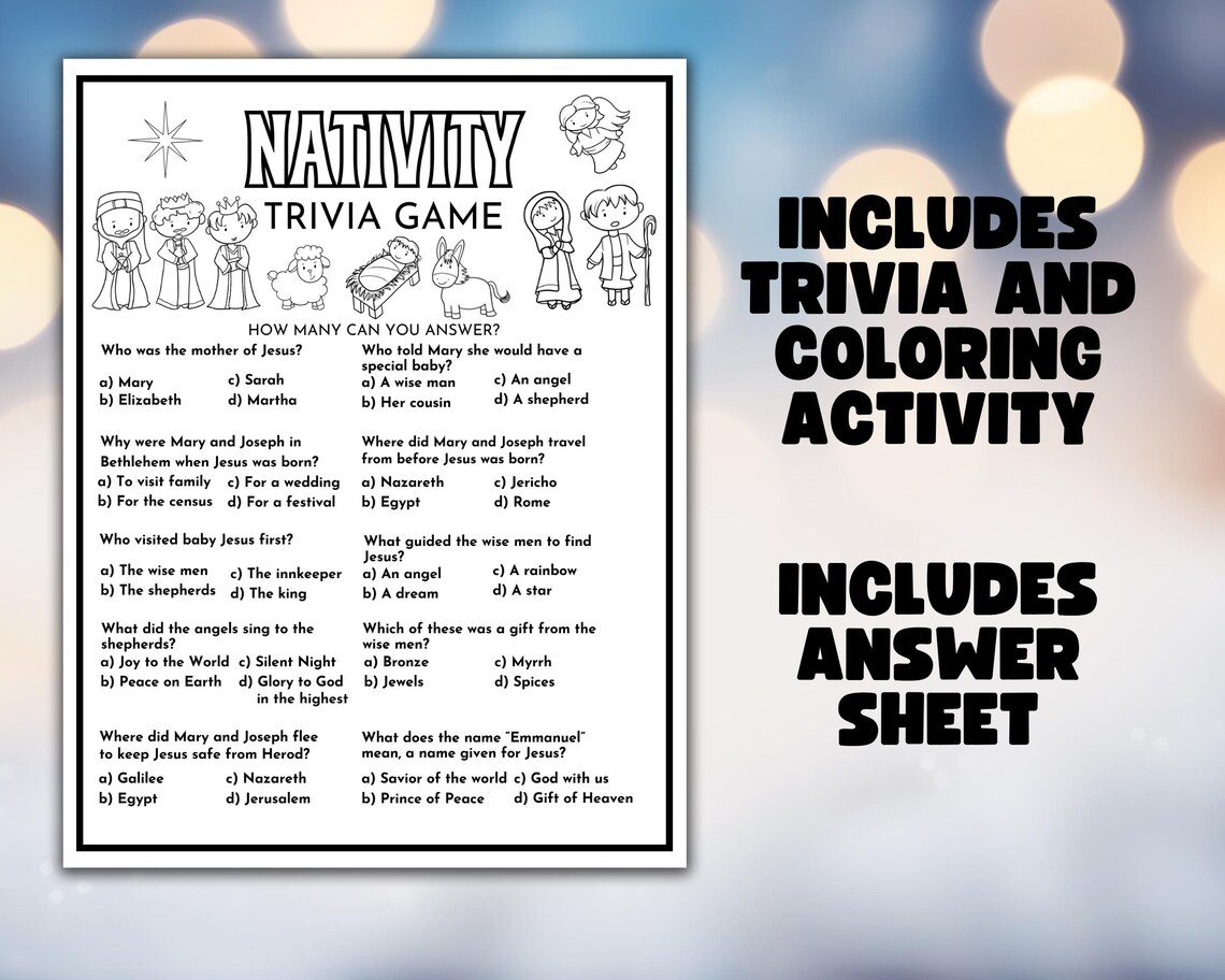Nativity Trivia Printable, Nativity Coloring Craft, Christmas Trivia ...