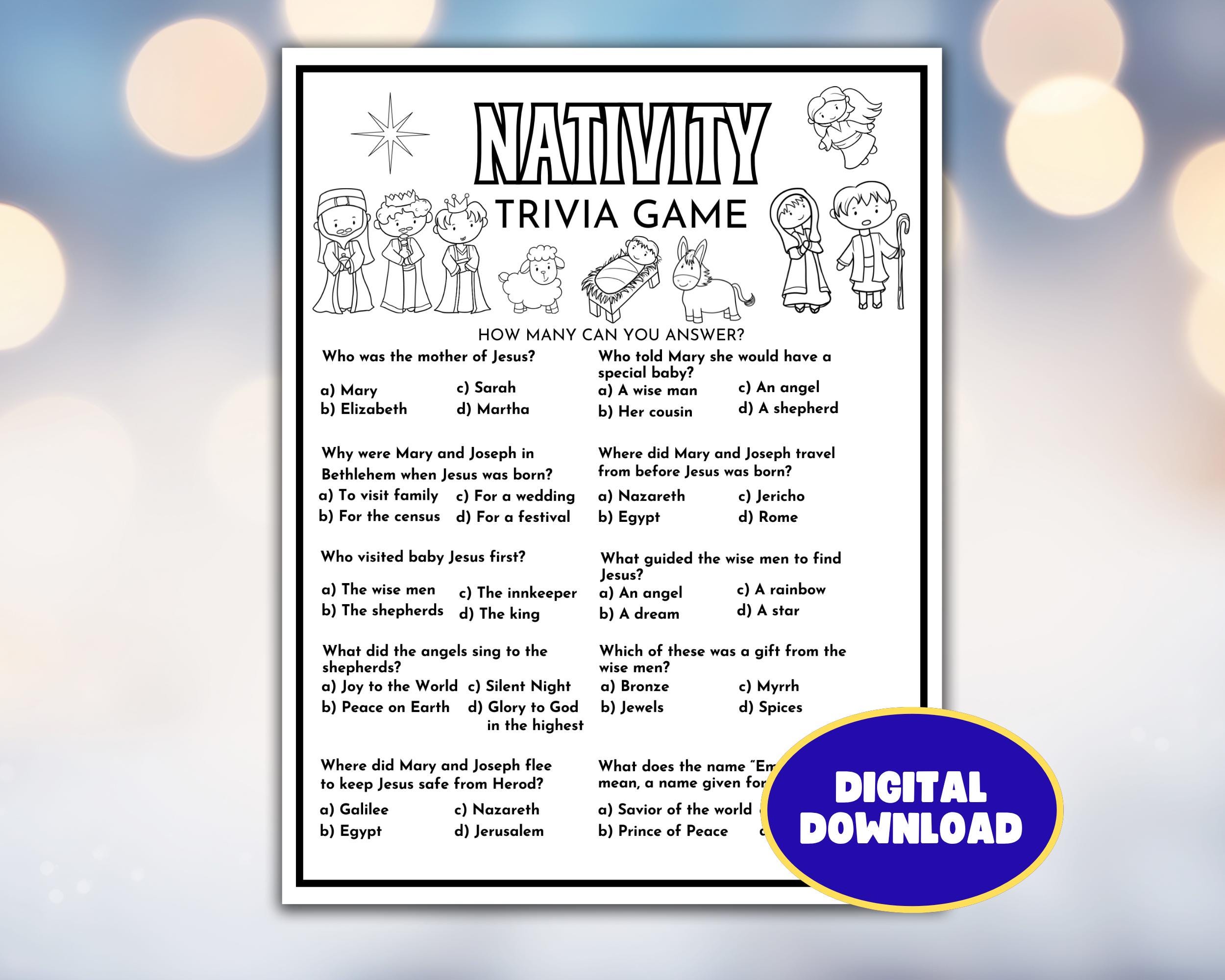 Nativity Trivia Printable, Nativity Coloring Craft, Christmas Trivia ...