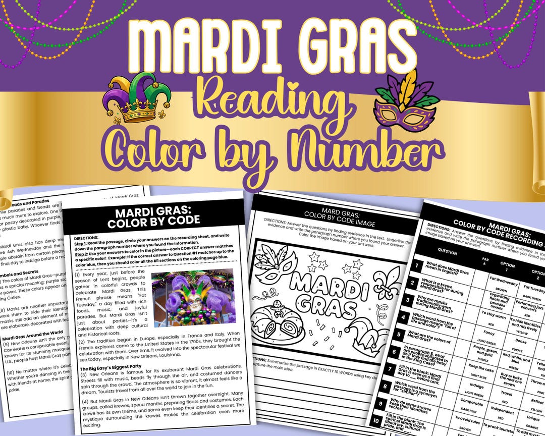 Mardi Gras Color by Number Printable, Kids Mardi Gras Reading Worksheet ...