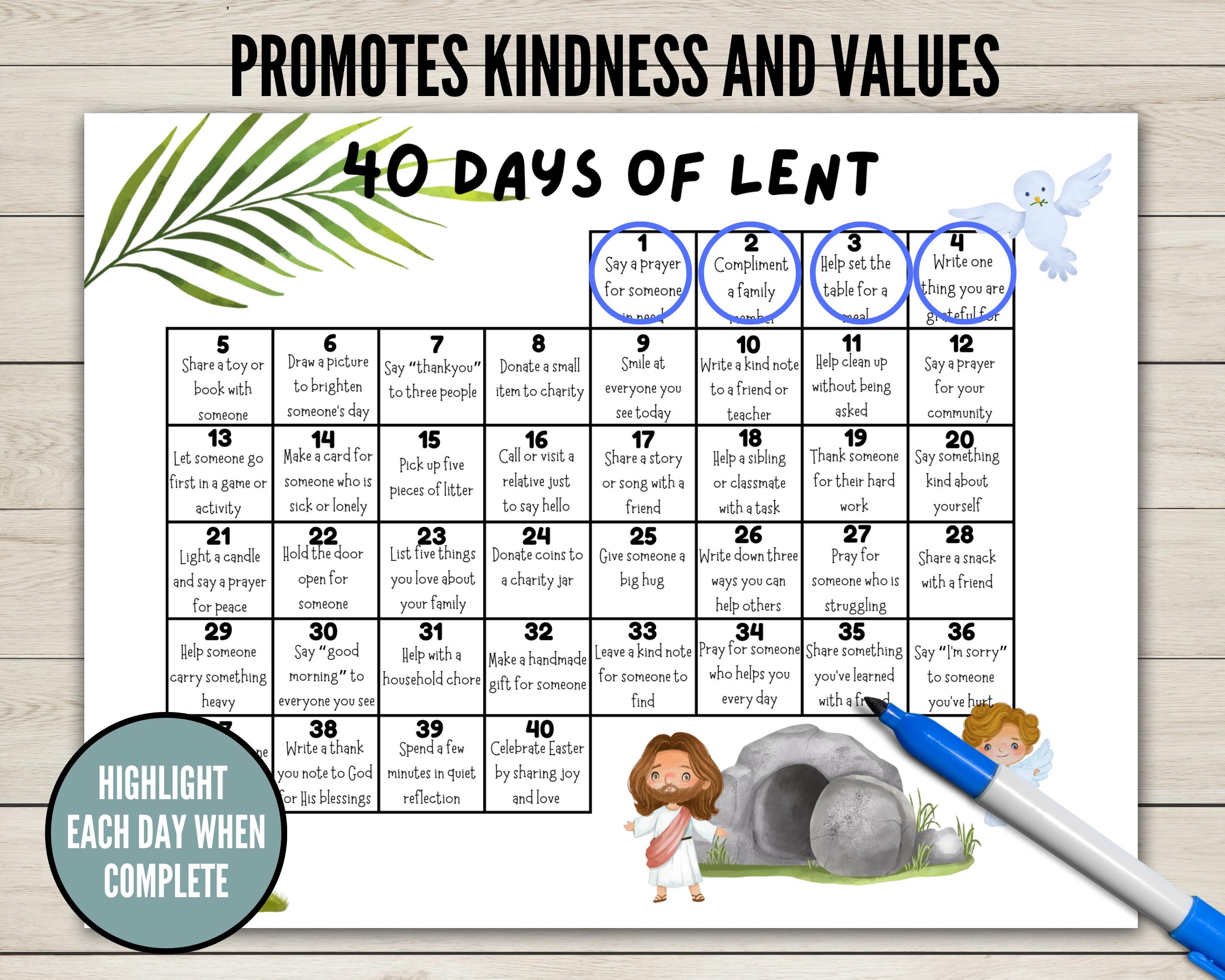 Lent Countdown Calendar for Kids Printable, Sunday School Lent Activity ...
