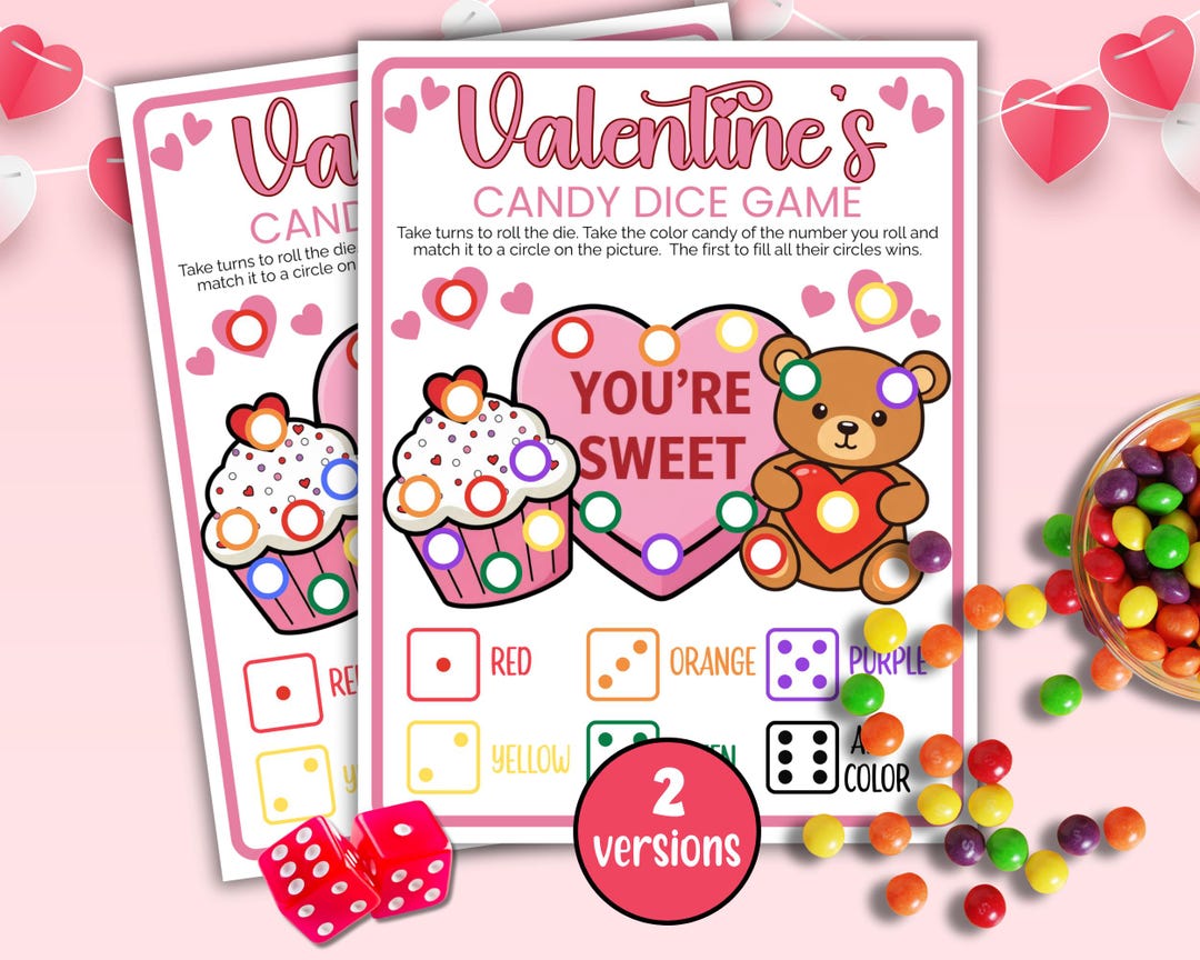 Valentine Candy Dice Game for Kids Printable, Valentine Party Game ...