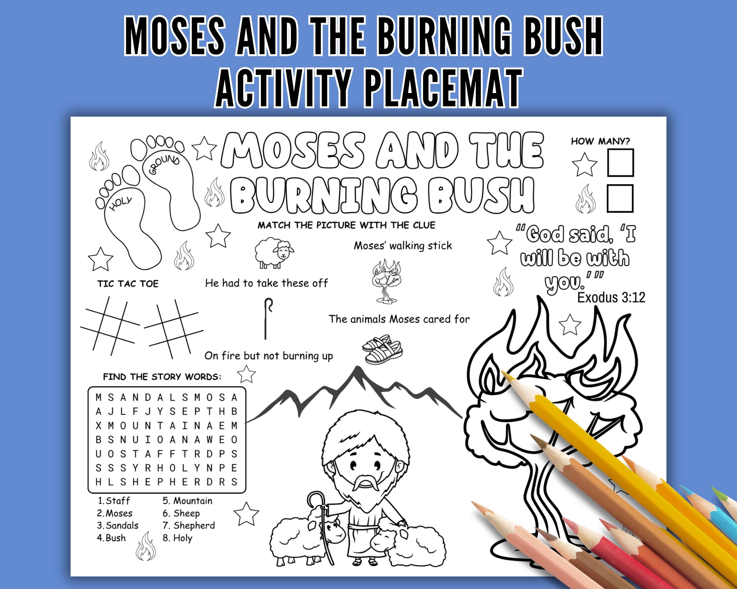 Moses Story Bible Activity Coloring Placemat for Kids, Burning Bush ...