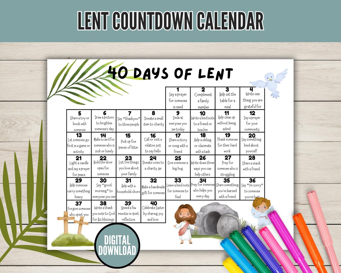 Lent Countdown Calendar for Kids Printable, Sunday School Lent Activity ...