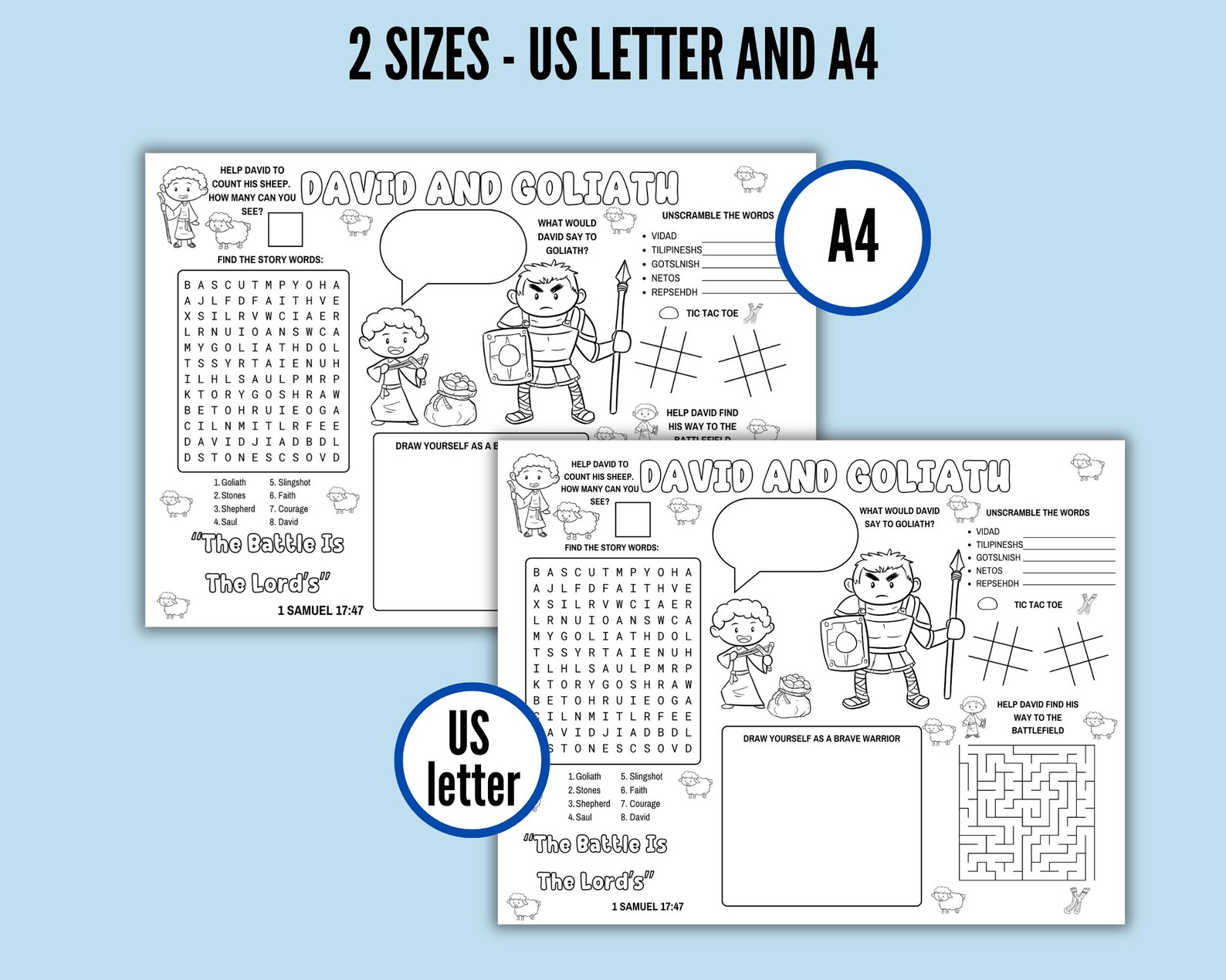 Fun David and Goliath Coloring Activity Sheet for Kids, Printable Bible ...