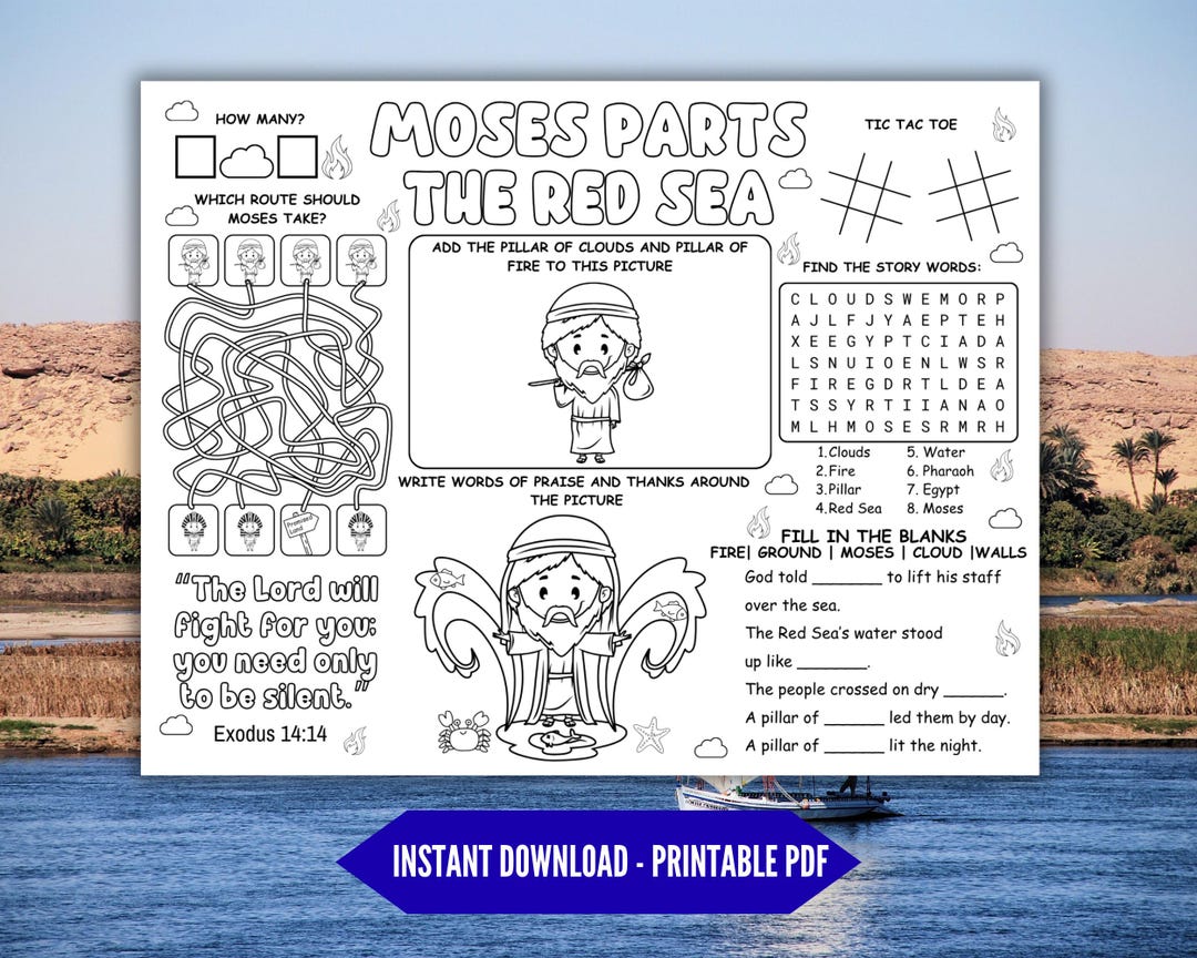 Moses Story Bible Activity Coloring Placemat for Kids, Parts Red Sea ...