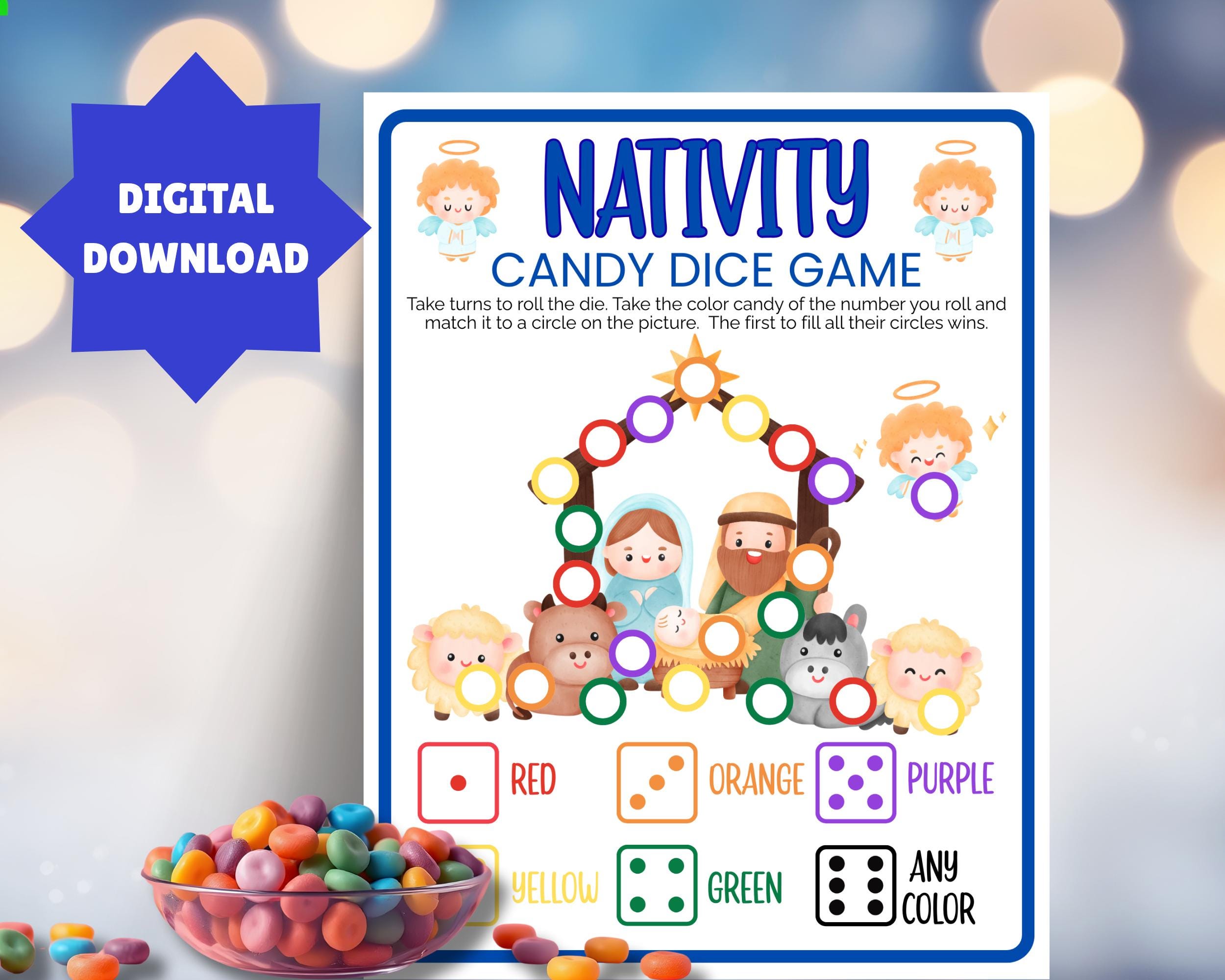 Nativity Candy Dice Game for Kids Printable, Roll a Dice Christmas Game ...