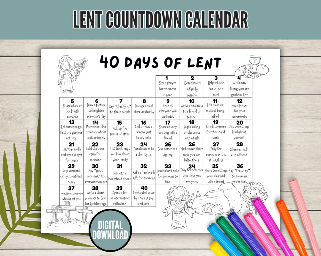 Lent Countdown Calendar for Kids Printable, Sunday School Lent Activity ...