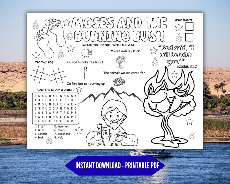 Moses Story Bible Activity Coloring Placemat for Kids, Burning Bush ...