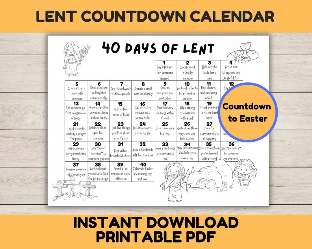 Lent Countdown Calendar for Kids, Lenten Activity Calendar, 40 Days of ...
