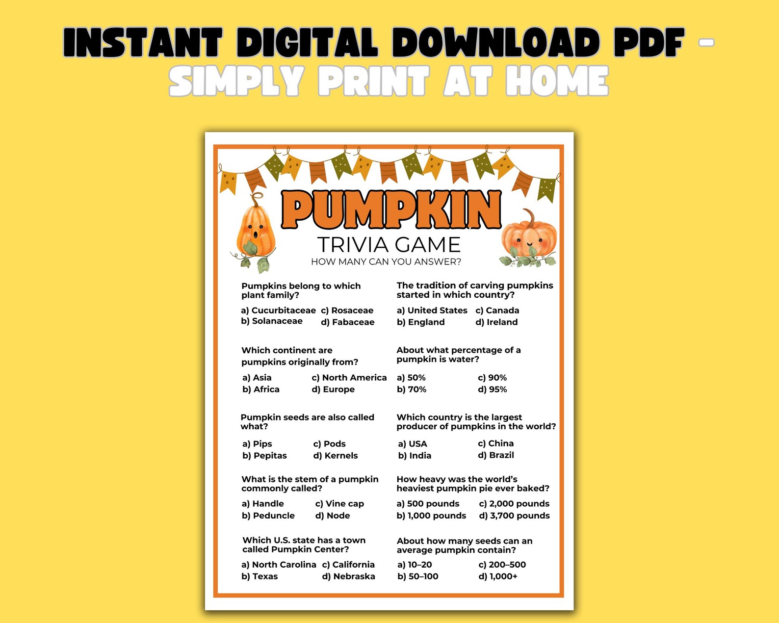 Pumpkin Trivia Game Printable for Kids, Adults and Seniors, Fall ...