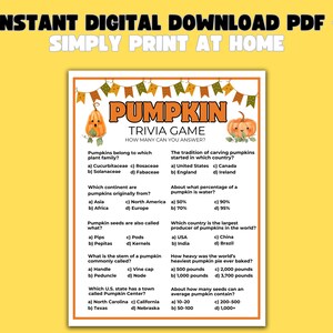 Pumpkin Trivia Game Printable for Kids, Adults and Seniors, Fall ...