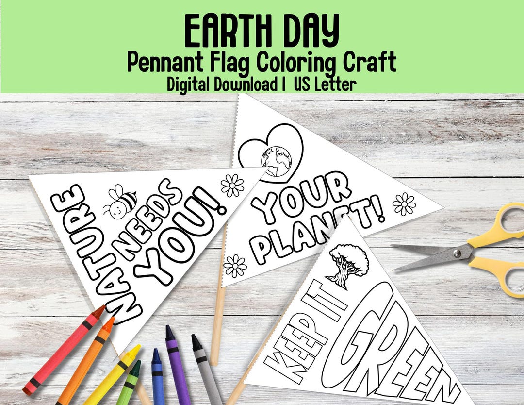 Earth Day Pennant Flag Coloring Craft Printable, Earth Day Cut and ...