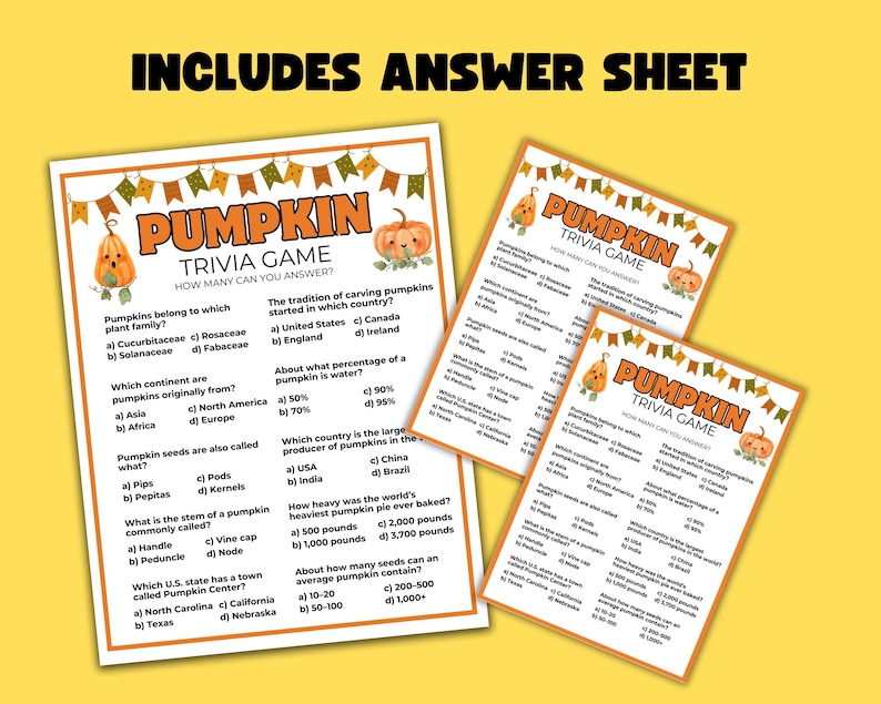 Pumpkin Trivia Game Printable for Kids, Adults and Seniors, Fall ...