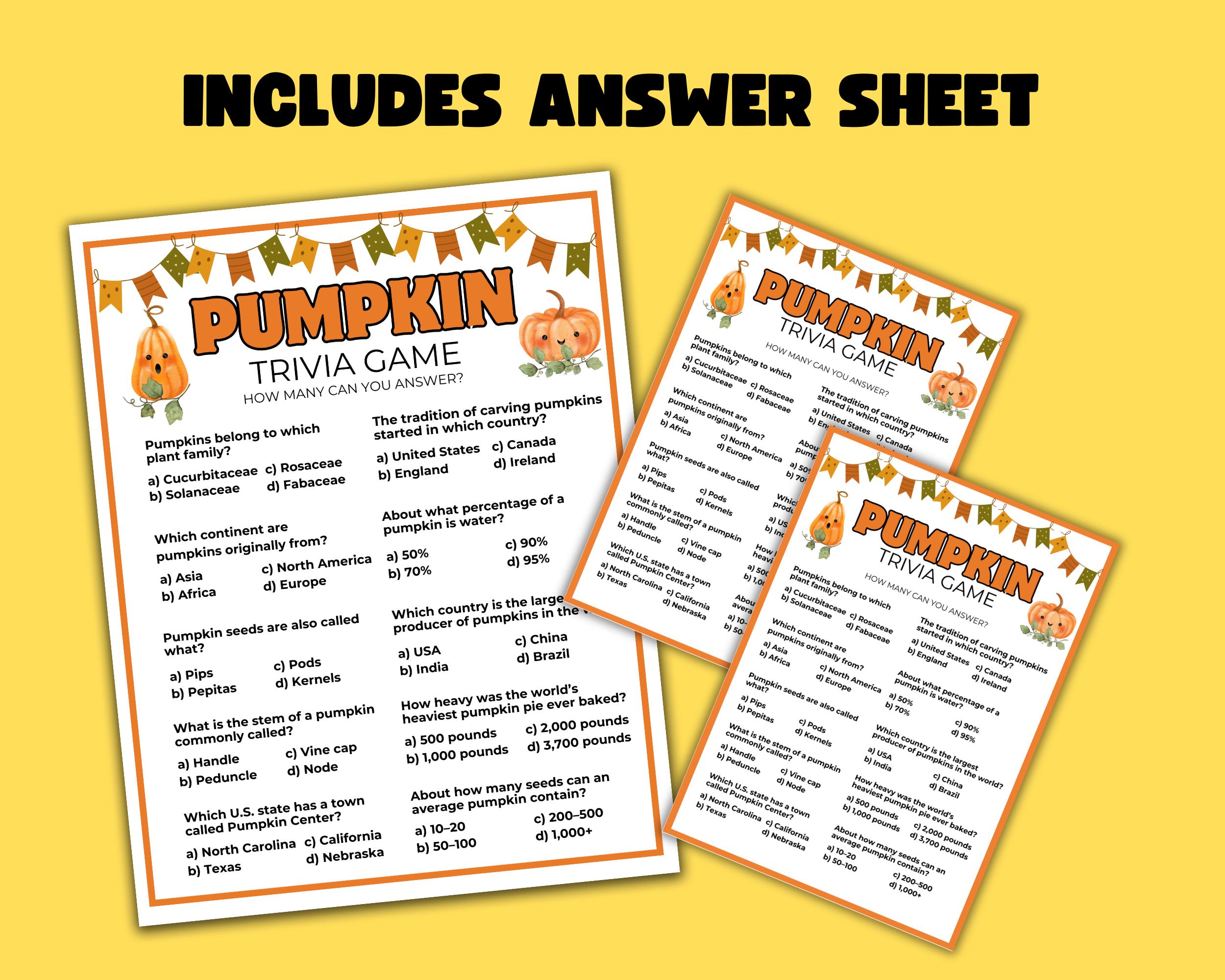 Pumpkin Trivia Game Printable for Kids, Adults and Seniors, Fall ...