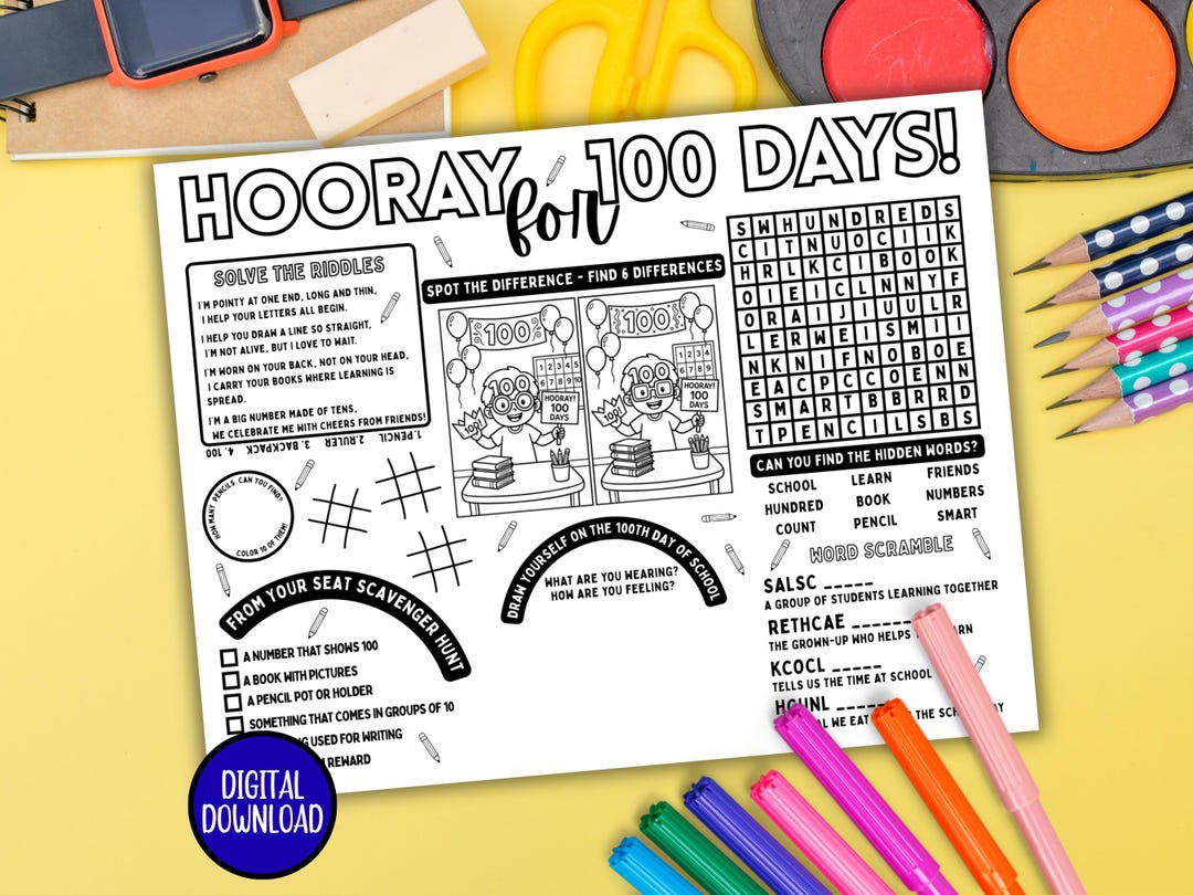 100 Days of School Activity Coloring Placemat Printable, 100th Day ...