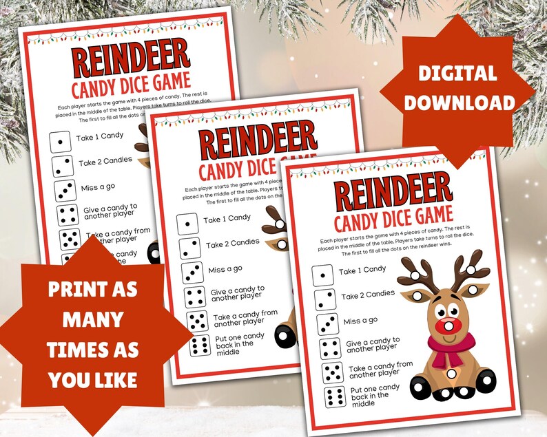 Reindeer Candy Dice Game for Kids Printable, Christmas Candy Dice Game ...