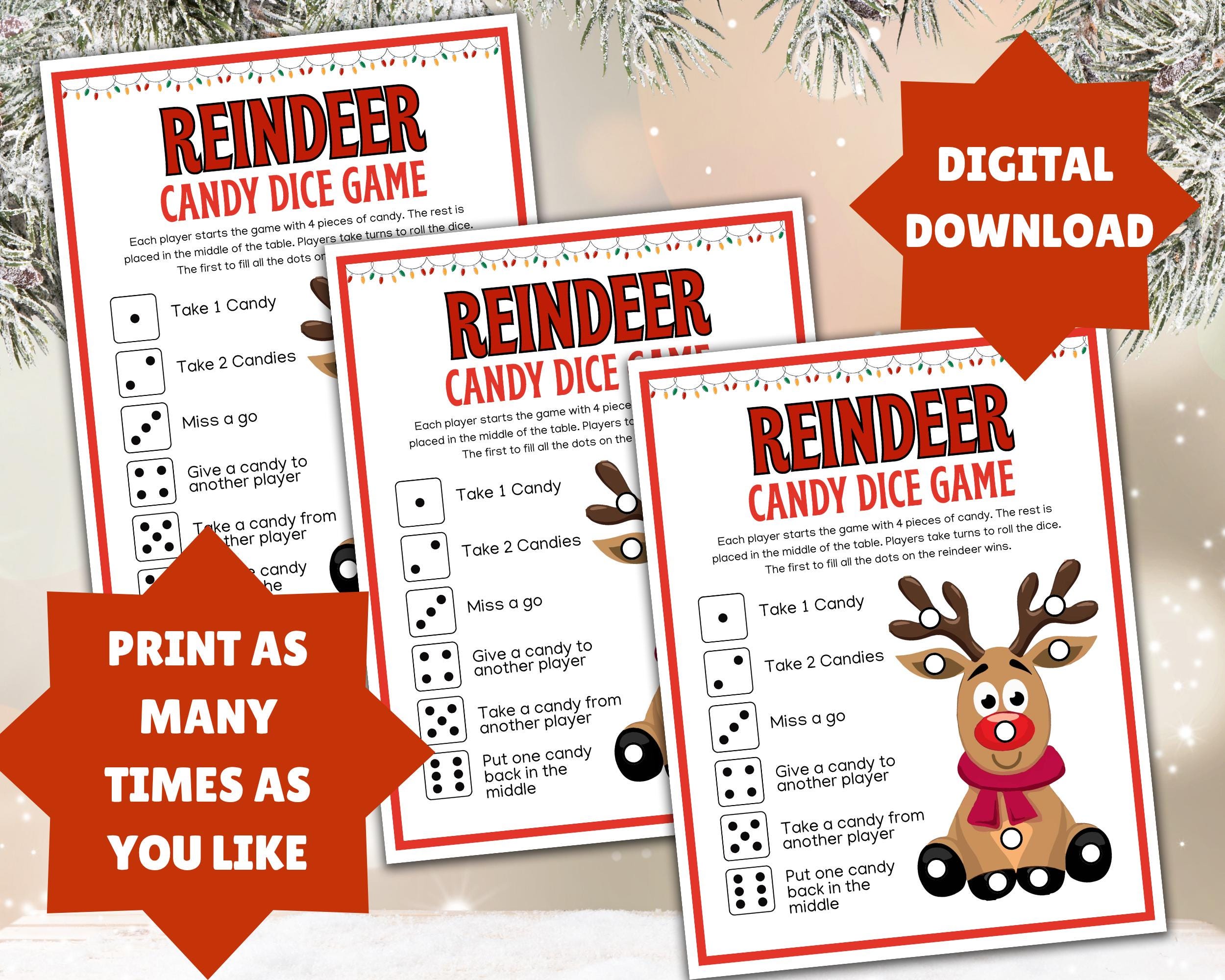 Reindeer Candy Dice Game for Kids Printable, Christmas Candy Dice Game ...