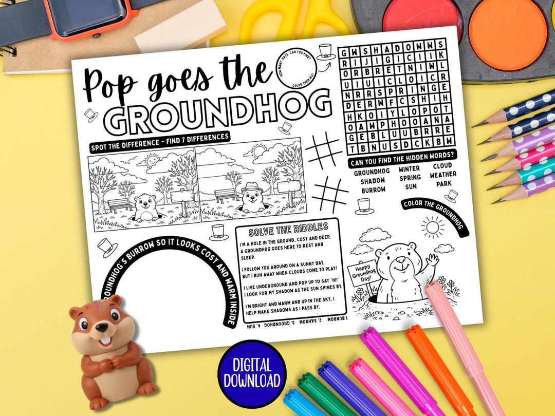Groundhog Day Activity Coloring Placemat Printable for Kids, Groundhog ...