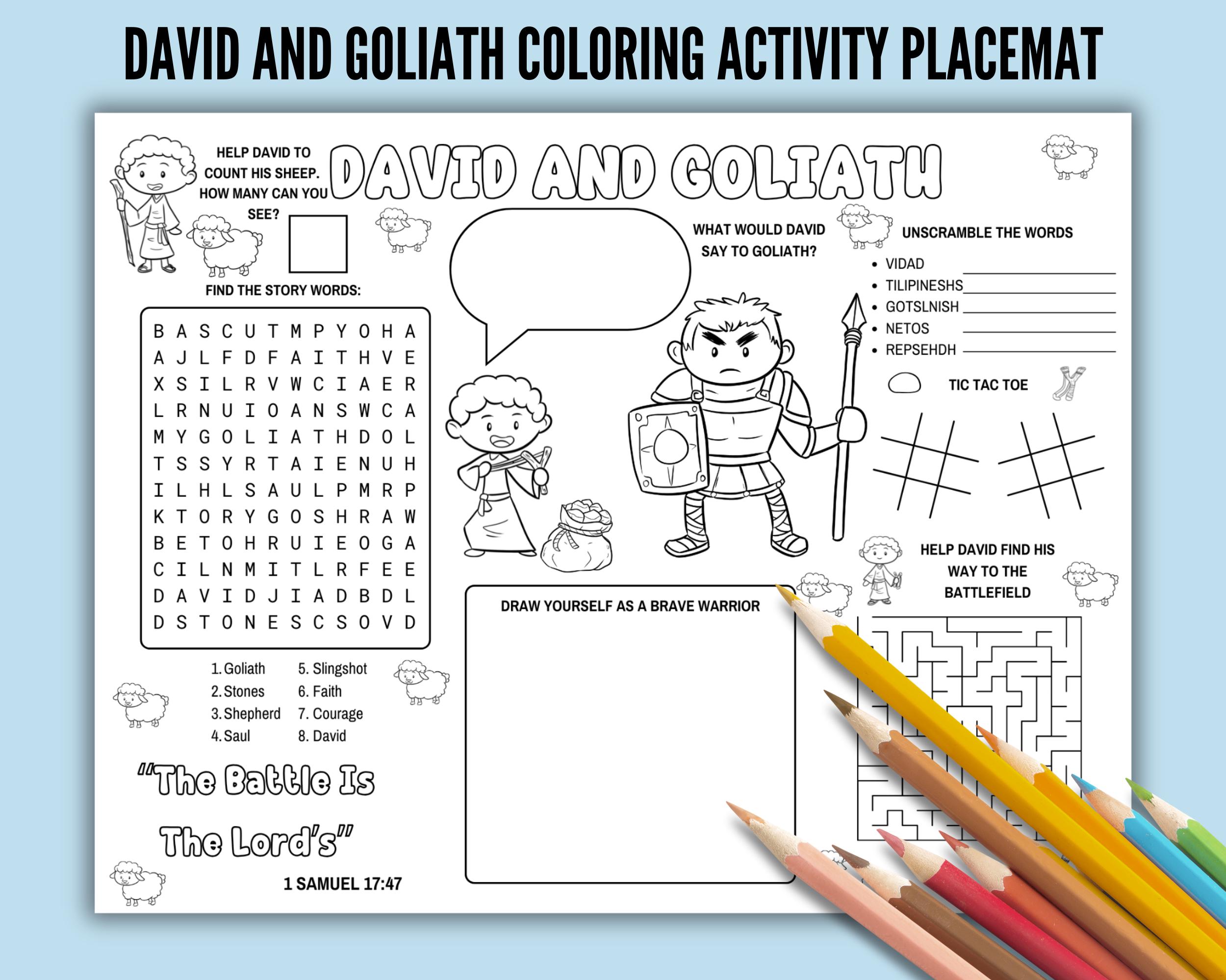 Fun David and Goliath Coloring Activity Sheet for Kids, Printable Bible ...