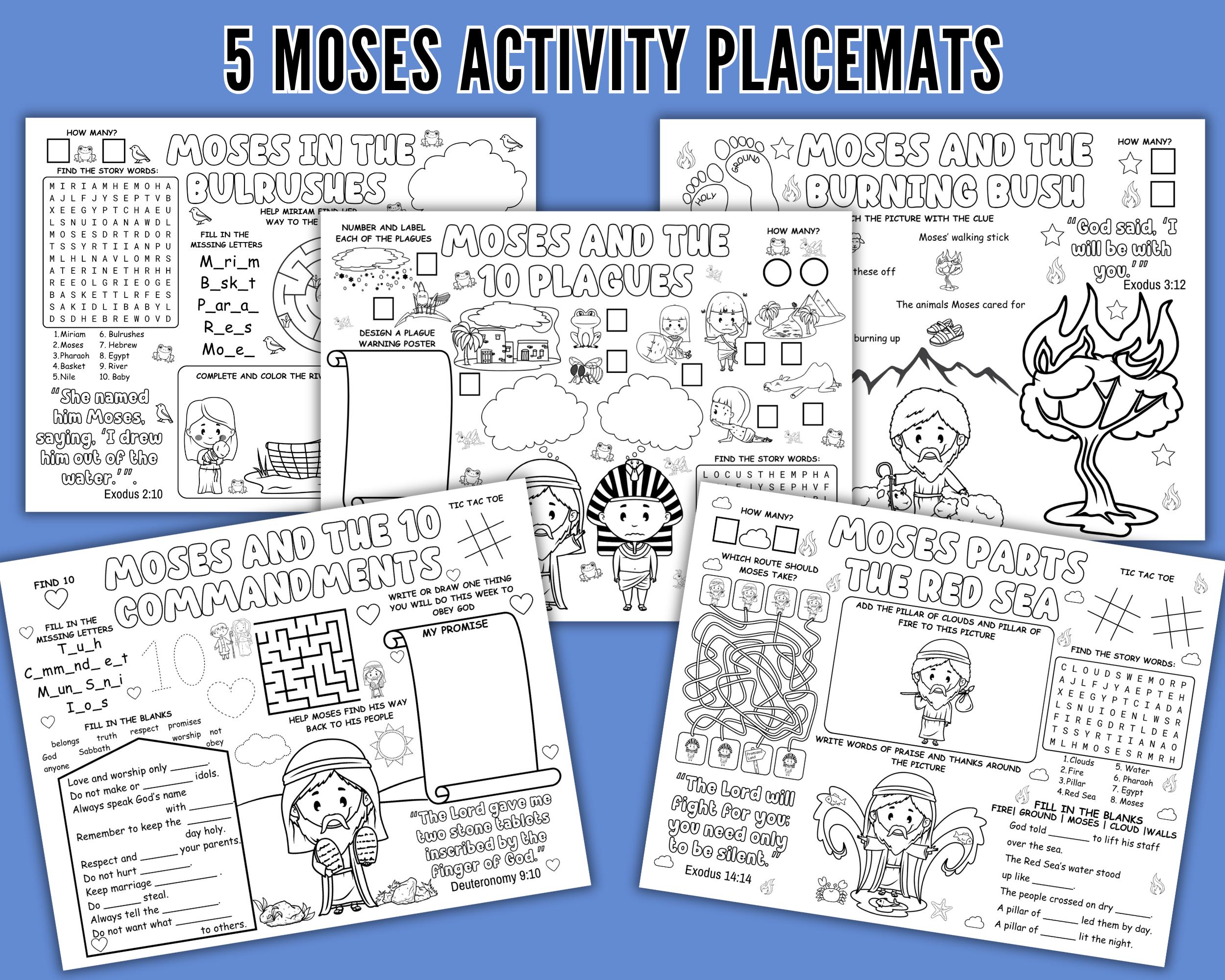 Moses Story Bible Activity Coloring Placemat Bundle for Kids, Sunday ...