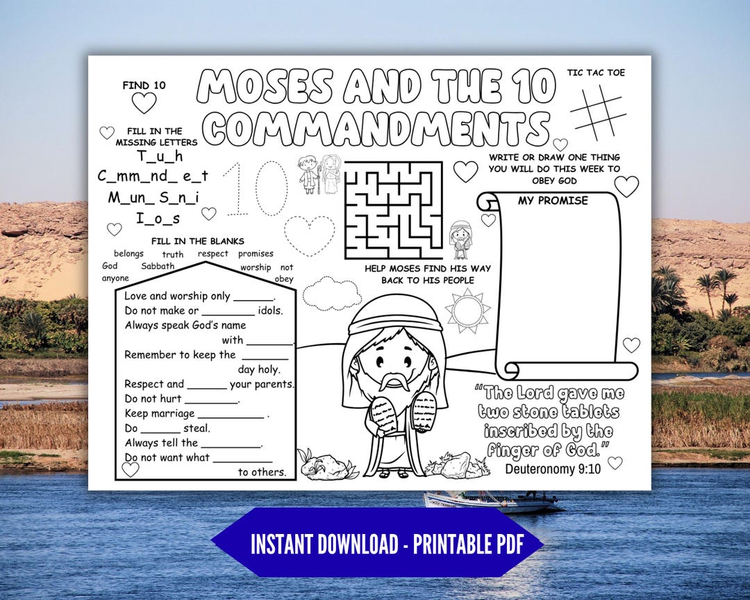 Moses Story Bible Activity Coloring Placemat for Kids 10 Commandments ...