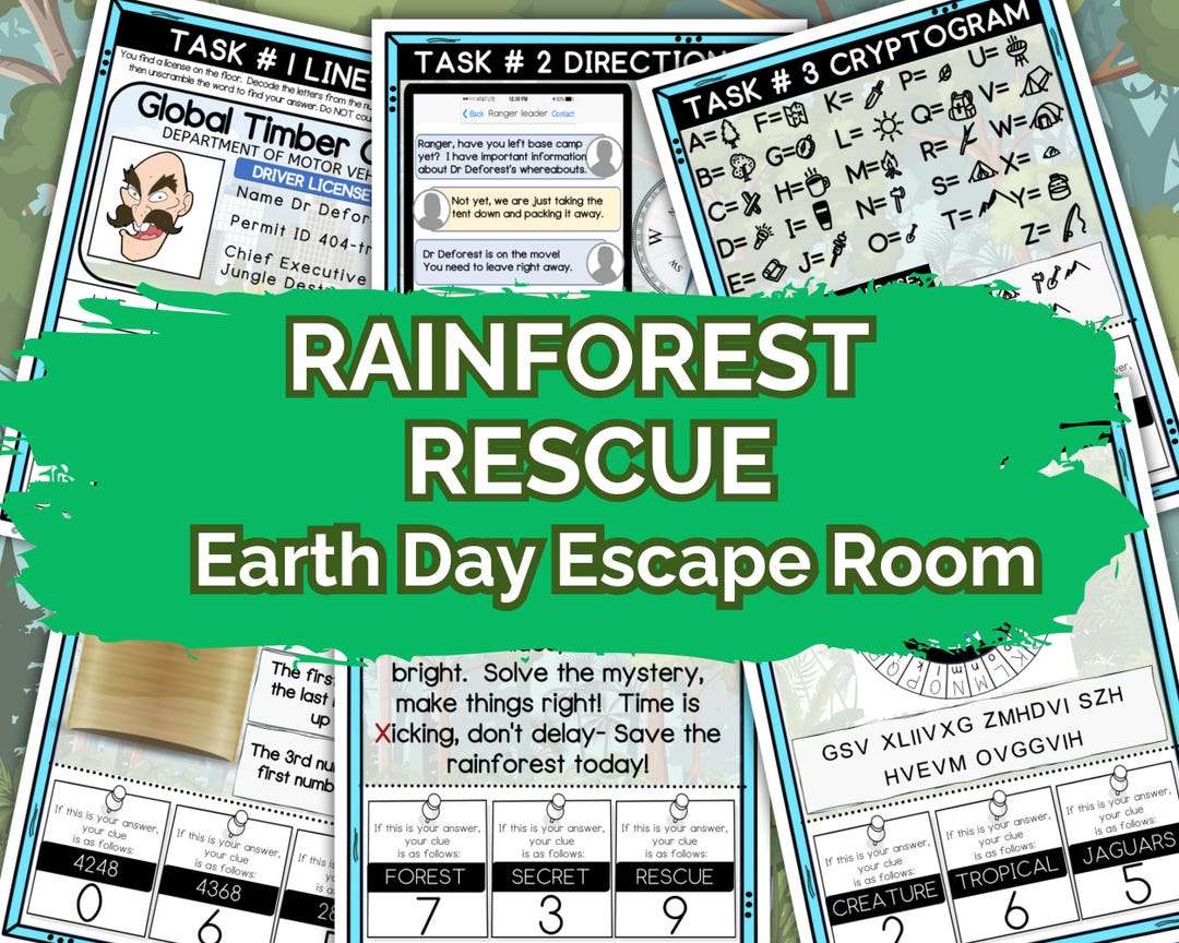 Printable Earth Day Escape Room for Kids, Rainforest Rescue Themed ...