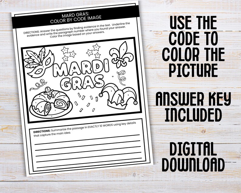 Mardi Gras Color by Number Printable, Kids Mardi Gras Reading Worksheet ...