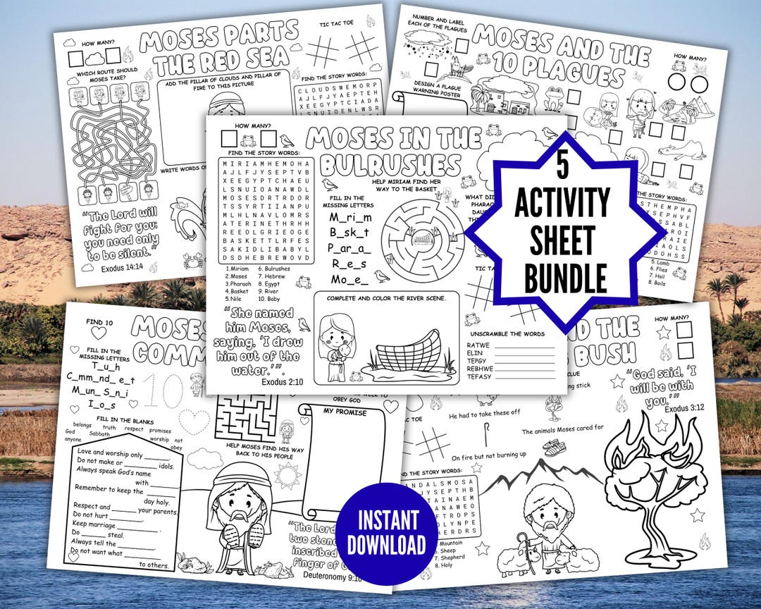 Moses Story Bible Activity Coloring Placemat Bundle for Kids, Sunday ...