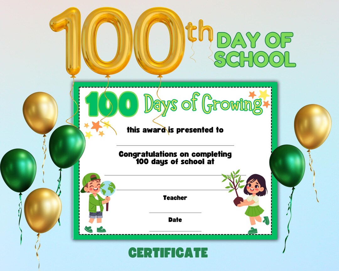 Printable 100 Day of School Certificate, 100th Day of School Student ...