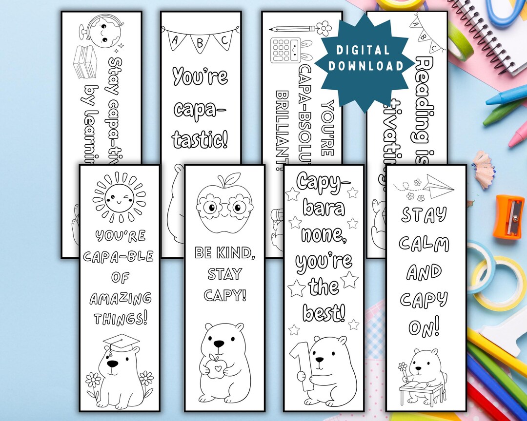 Capybara Printable Coloring Bookmarks, Back to School Gift for Students ...