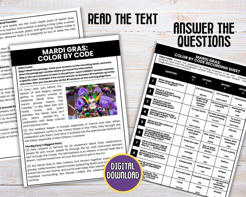 Mardi Gras Color by Number Printable, Kids Mardi Gras Reading Worksheet ...