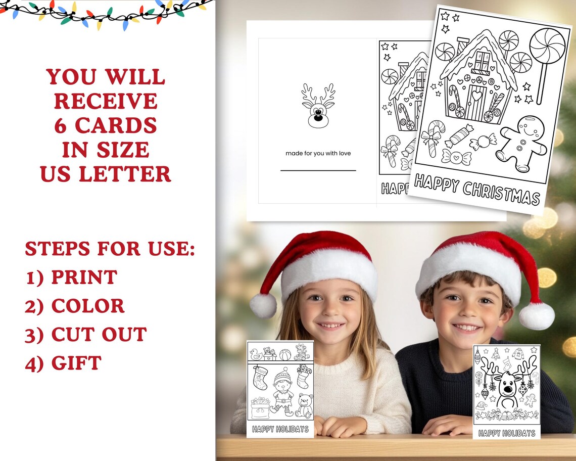 Printable Christmas Coloring Cards, Christmas Coloring Craft, Homemade ...