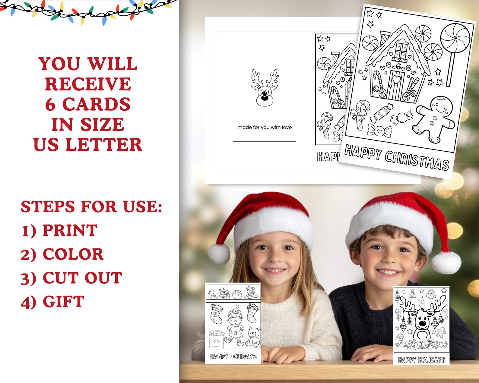 Printable Christmas Coloring Cards, Christmas Coloring Craft, Homemade ...