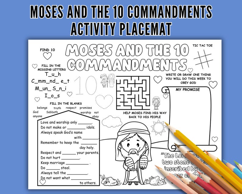 Moses Story Bible Activity Coloring Placemat for Kids 10 Commandments ...