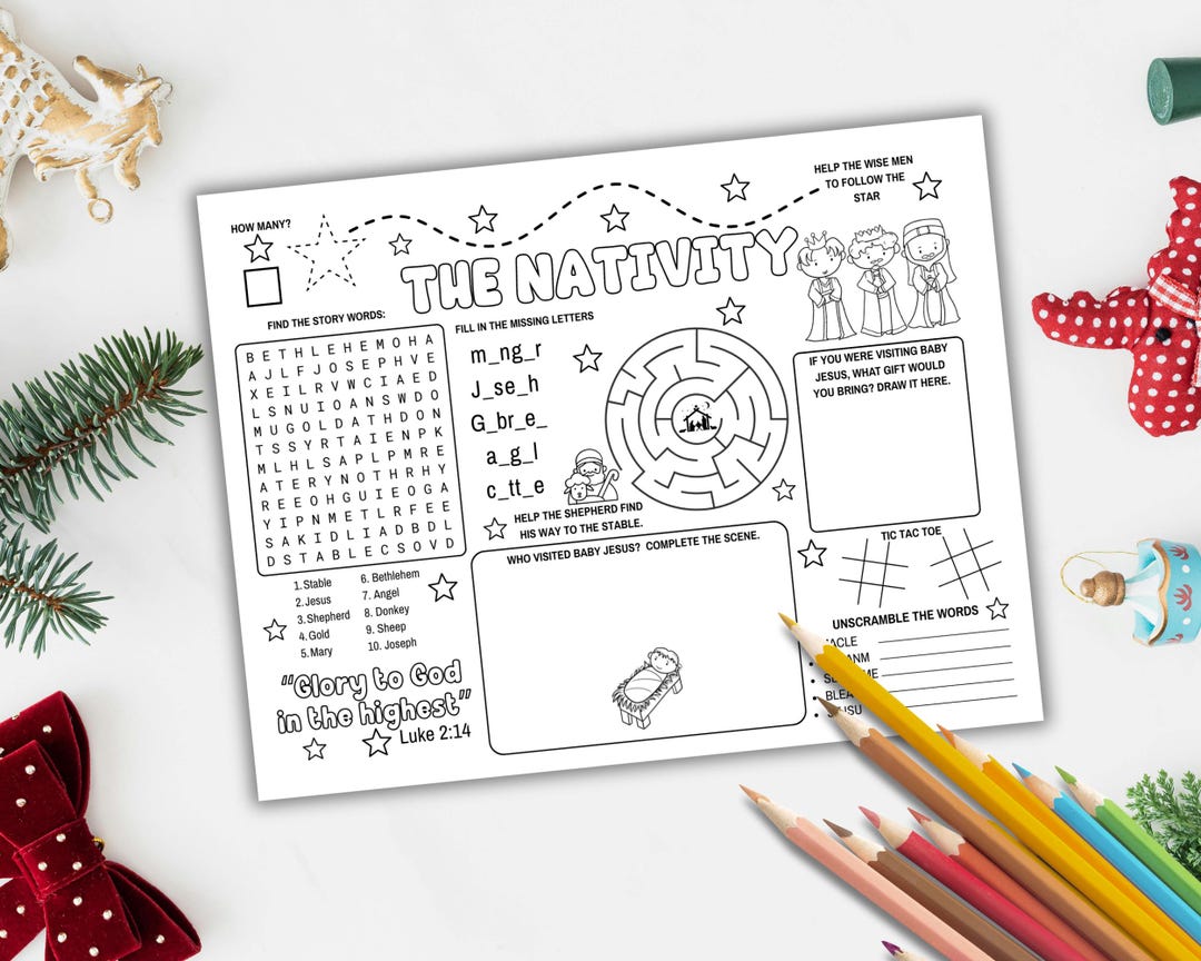 Nativity Coloring Placemat Printable for Kids, Christmas Bible Activity ...