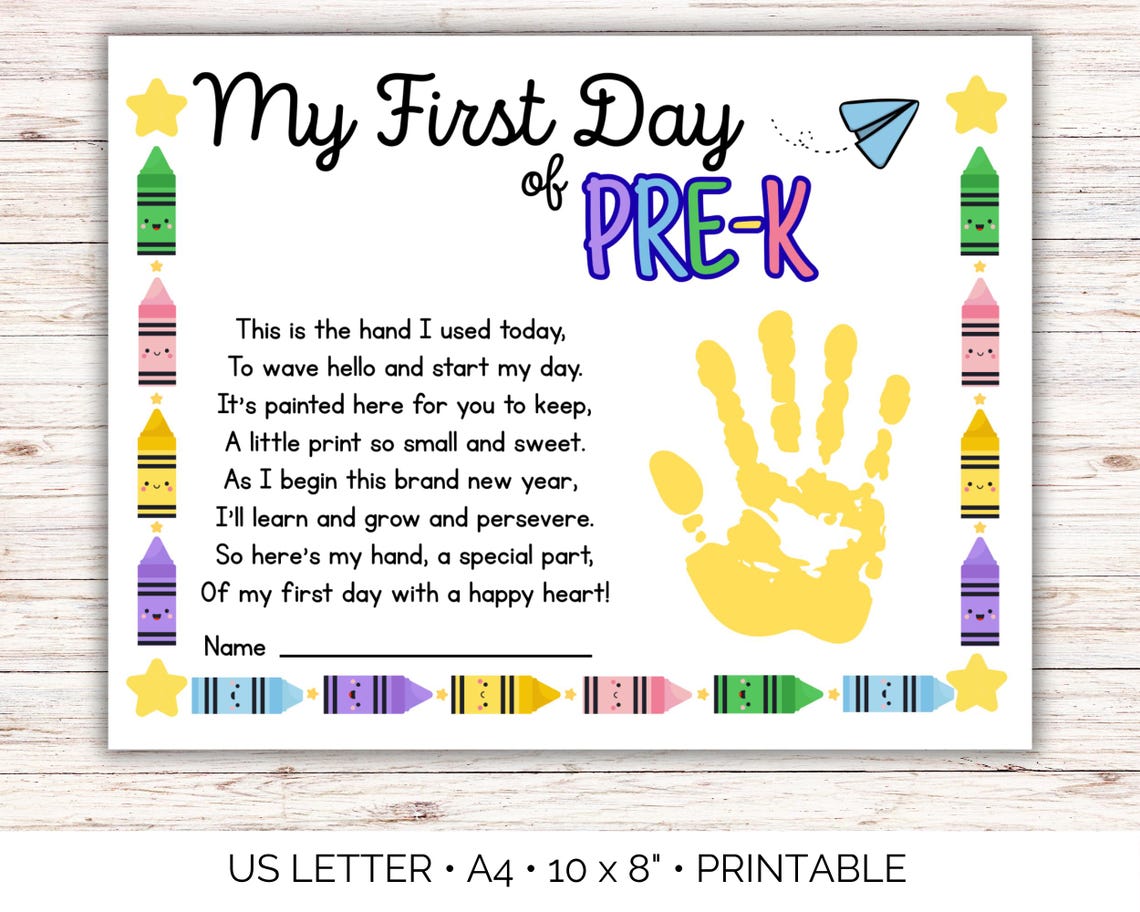 First Day of Pre-k Handprint Craft Back to School Handprint Art, Infant ...