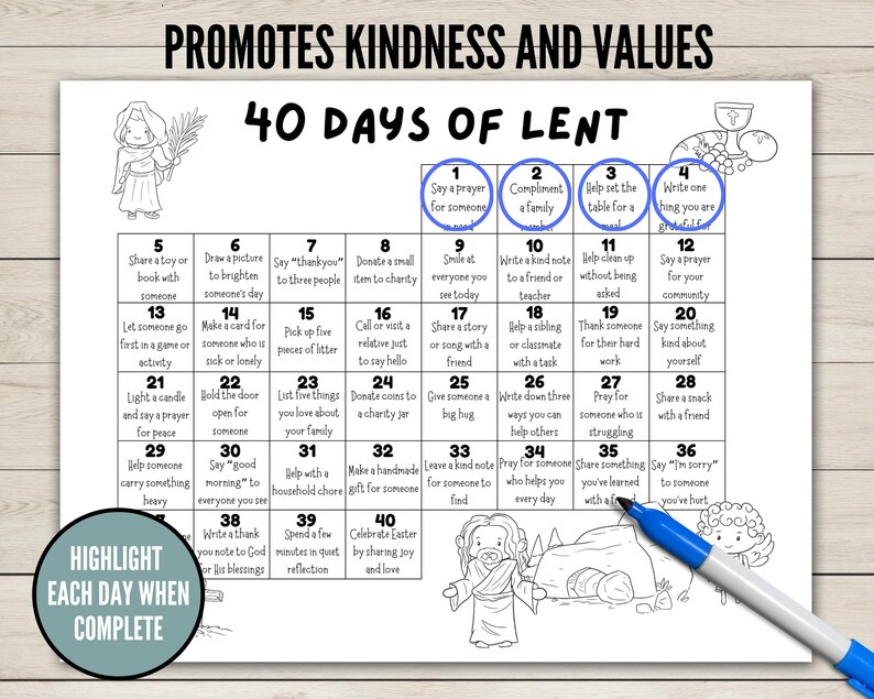 Lent Countdown Calendar for Kids Printable, Sunday School Lent Activity ...