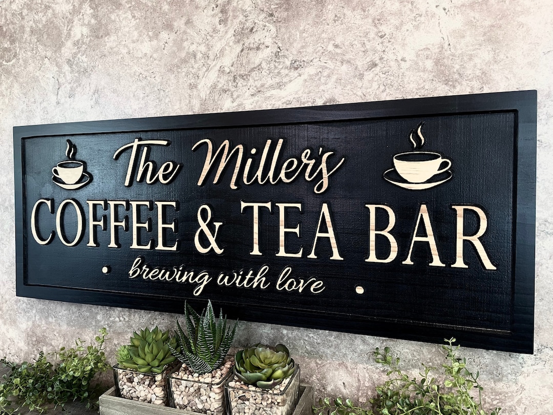 Personalized Coffee and Tea Bar Sign, Wood Carved Kitchen Decor - Etsy