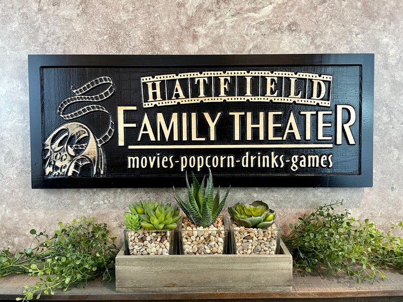 Personalized Movie Theater Sign, Custom Family Name Carved Wood - Etsy