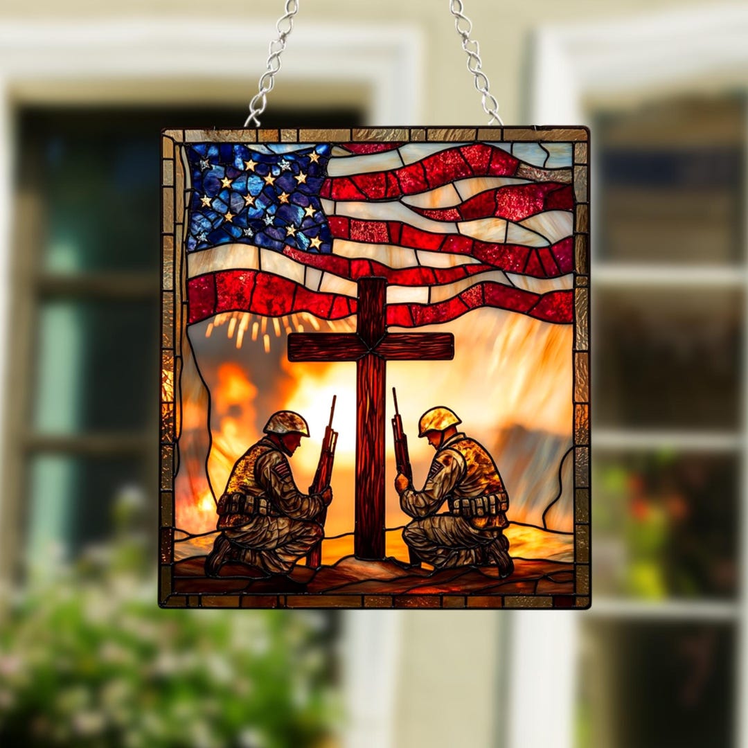Soldiers Cross Stained Glass Suncatcher – Patriotic Memorial Window Art ...