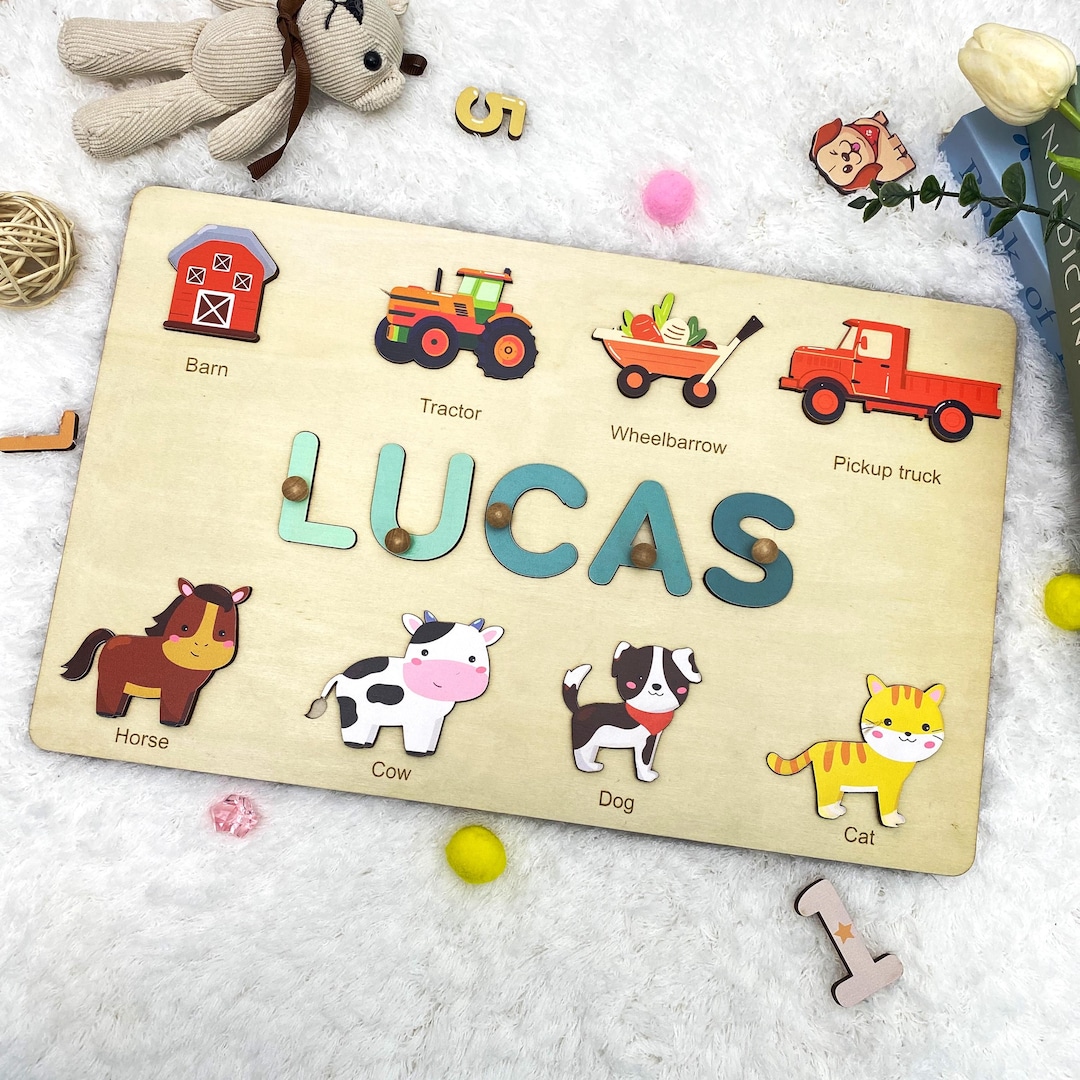 Farm Animal Name Puzzle Busy Board Personalized Wooden Toy for Toddlers ...