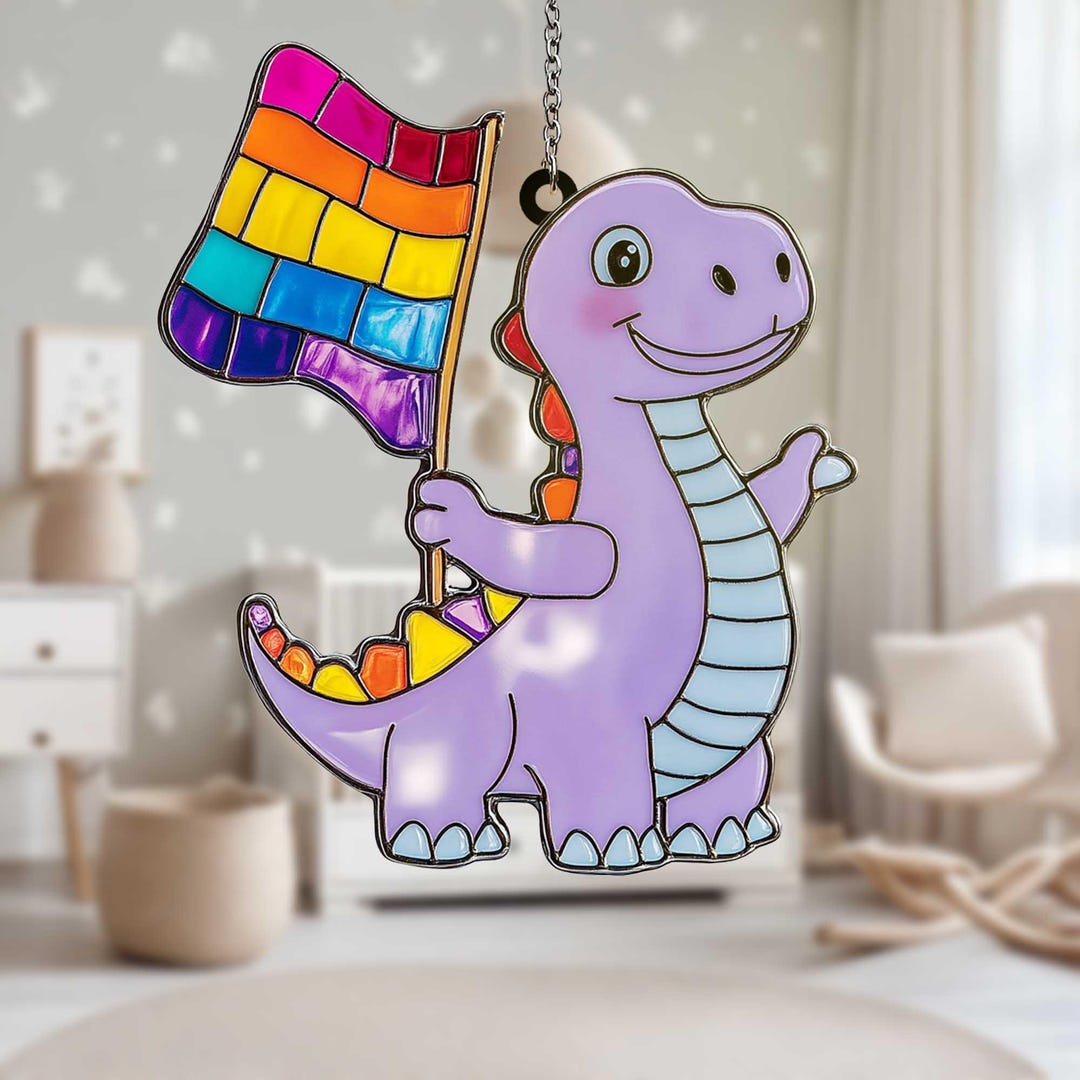 LGBTQ Dino ACRYLIC Suncatcher – Funny Purple Dinosaur With Rainbow Flag ...