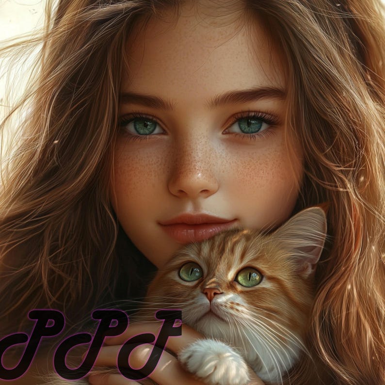 Freckled Beauty With Ginger Kitten Digital Portrait Art bundle - Etsy