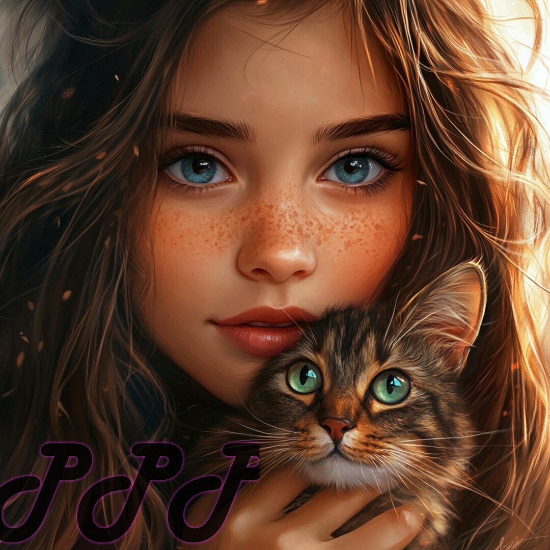 Freckled Beauty With Ginger Kitten Digital Portrait Art bundle - Etsy