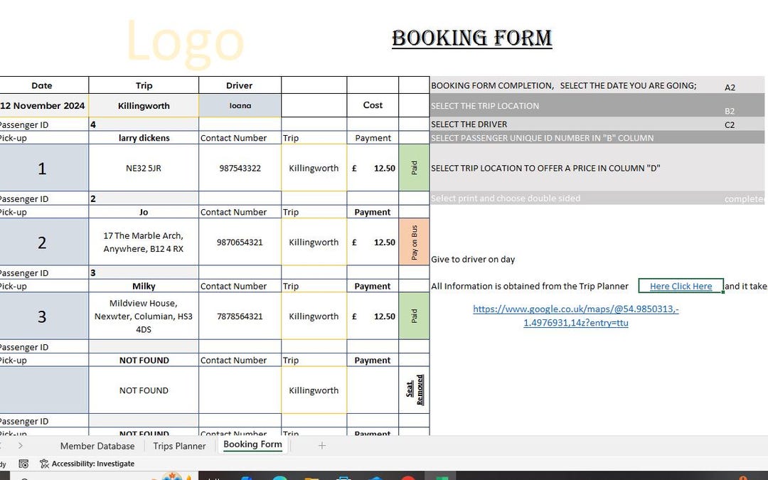 Excel Template Booking Form - Etsy