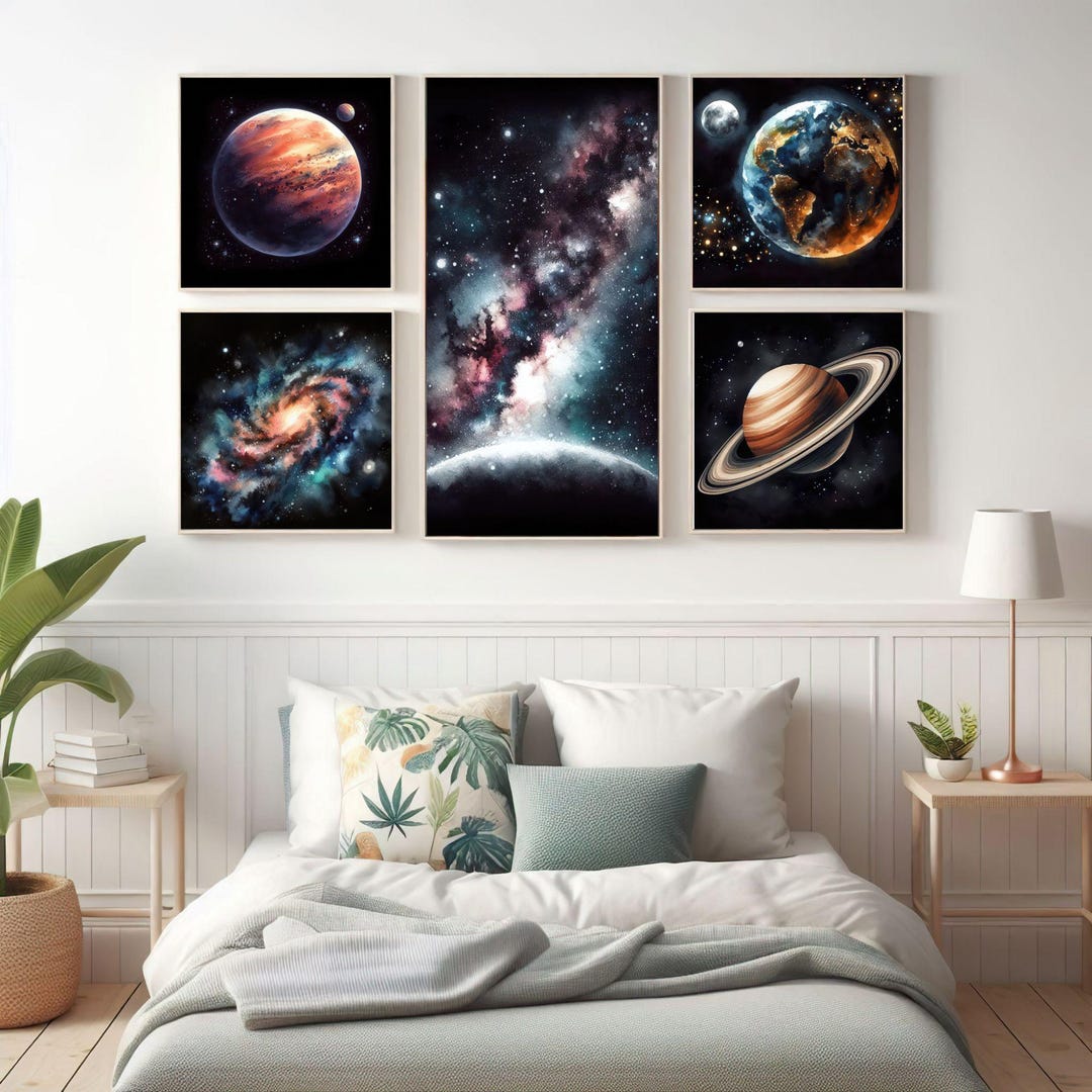 Watercolor Space Prints: Galaxy, Planets, Earth - Set of 5 (digital ...