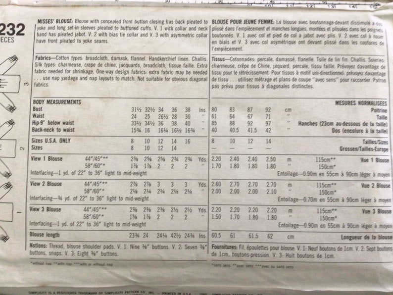 Simplicity 7232, Uncut Vintage Sewing Pattern, Misses Size 12 Blouse ...